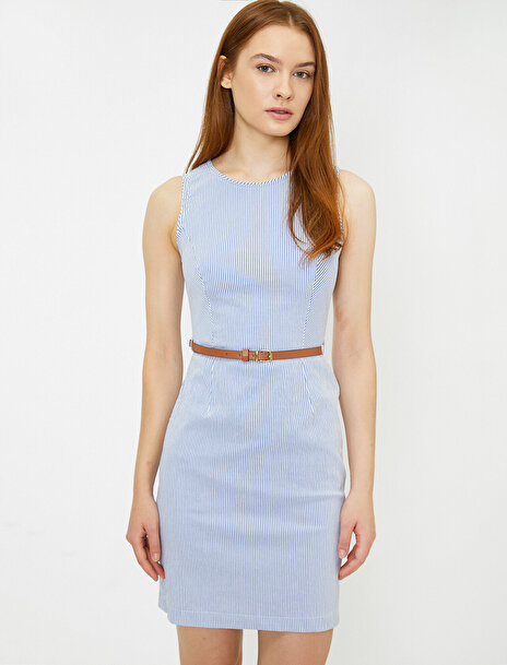 Koton Kadın Kemer Detaylı Çizgili Elbise