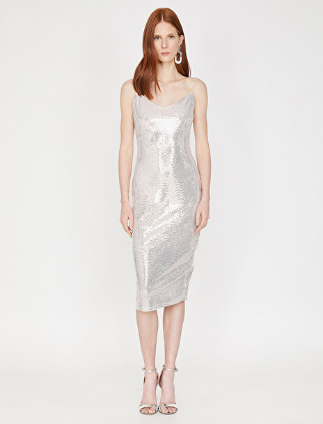 Koton Kadın Yırtmaçlı Elbise Abiye Kamisol Midi Boy Pullu V Yaka Koton Kadın Yırtmaçlı Elbise Abiye Kamisol Midi Boy Pullu V Yaka