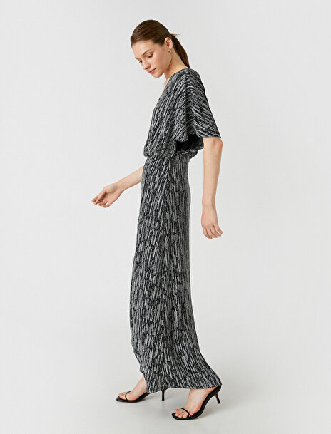 Koton Kadın Uzun Abiye Elbise Yarasa Kol V Yaka