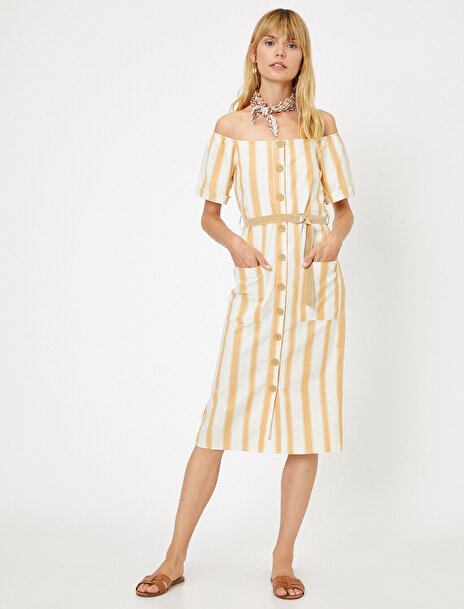 Koton Kadın Çizgili Kemer Detaylı Keten Elbise