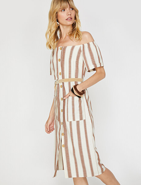 Koton Kadın Çizgili Kemer Detaylı Keten Elbise