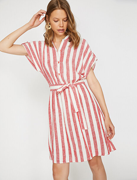 Koton Kadın Çizgili Keten Gömlek Elbise