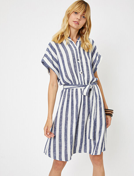 Koton Kadın Çizgili Keten Gömlek Elbise
