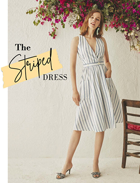 Koton Kadın Çizgili Keten Anvelop Elbise