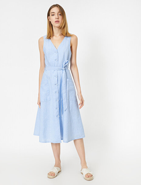 Koton Kadın V Yaka Kolsuz Beli Bağlamalı Cep Detaylı Midi Elbise