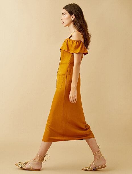 Koton Kadın Keten Düşük Omuzlu Elbise