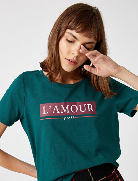 Koton Kadın   %100 Pamuk Bisiklet Yaka Yazılı Baskılı Tişört