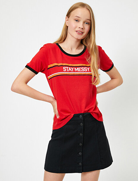 Koton Kadın Kısa Kollu Bisiklet Yaka Yazılı Tişört