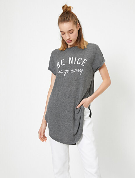 Koton Kadın Bisiklet Yaka Kısa Kollu Yazılı Baskılı Tişört