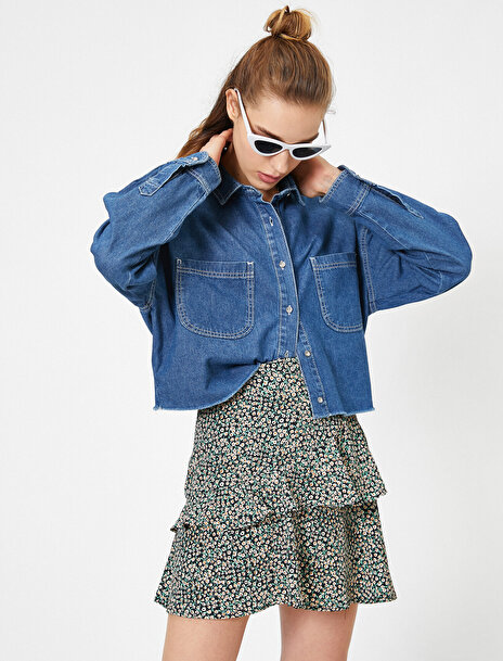 Koton Kadın Klasik Yaka Uzun Kollu Çift Cepli Jean Gömlek