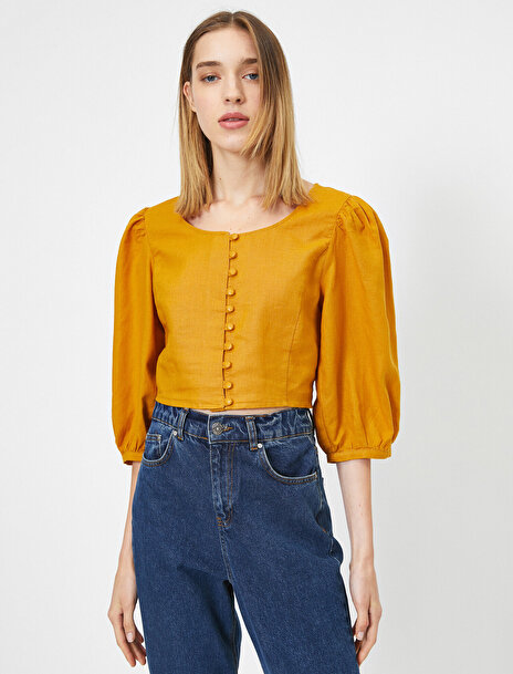 Koton Kadın Oyuk Yaka Uzun Kollu Düğme Detaylı Bluz