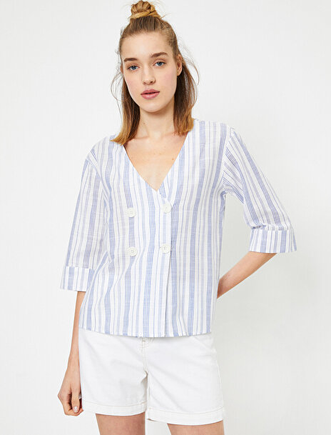 Koton Ole Genç Kız V Yaka Kısa Kollu Düğme Detaylı Çizgili Bluz