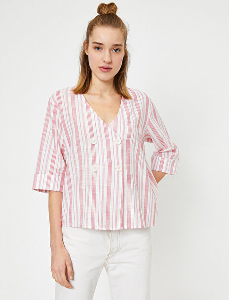 Koton Ole Genç Kız V Yaka Kısa Kollu Düğme Detaylı Çizgili Bluz