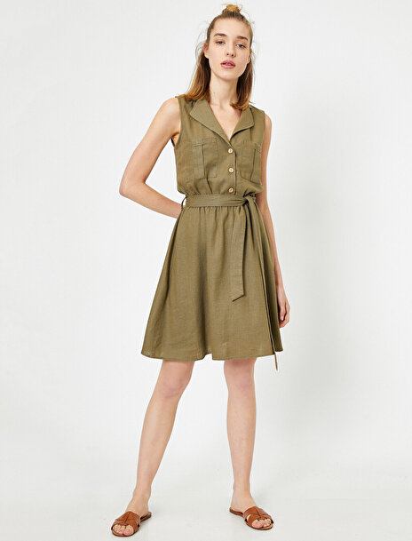 Koton Kadın V Yaka Kolsuz Cep Detaylı Düğme Detaylı Midi Elbise