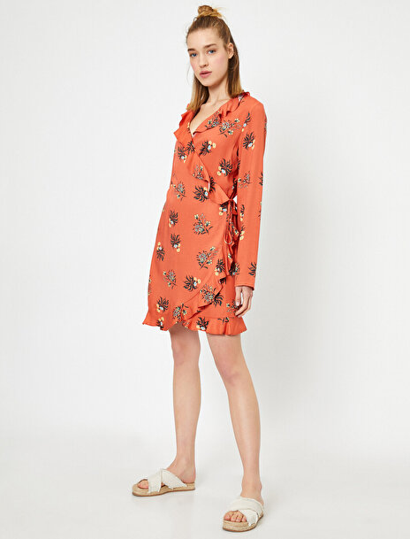 Koton Ole Genç Kız V Yaka Uzun Kollu Desenli Fırfır Detaylı Midi Elbise