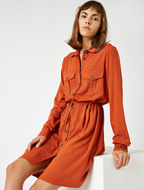 Koton Kadın Gömlek Yaka Uzun Kollu Beli Bağlamalı Kısa Elbise