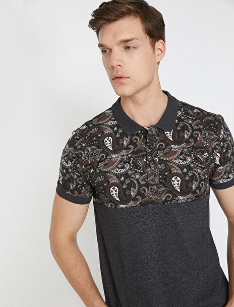 Koton Erkek Polo Yaka Etnik Desen Panelli Slim Fit Tişört