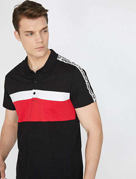 Koton Erkek Polo Yaka Omuz Baskılı Renk Bloklu Slim Fit Tişört