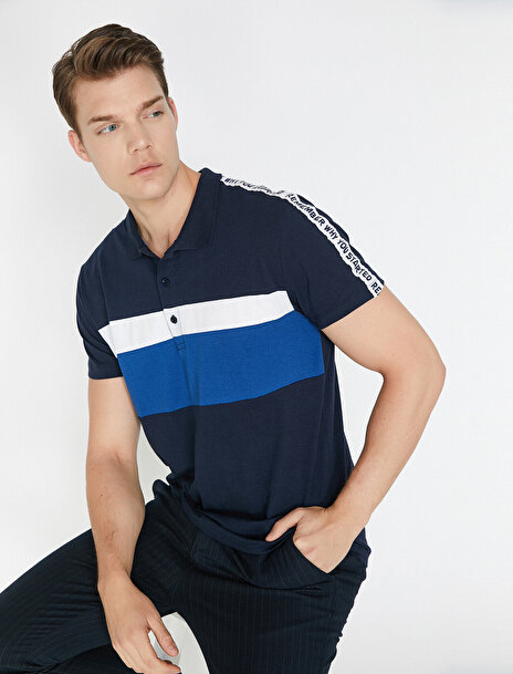Koton Erkek Polo Yaka Omuz Baskılı Renk Bloklu Slim Fit Tişört