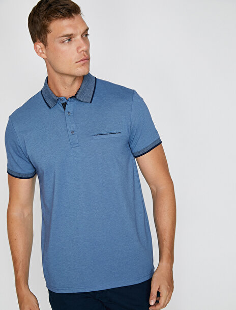 Koton Erkek Polo Yaka Yaka Ve Kol Ucu Desenli Cep Detaylı Slim Fit Tişört