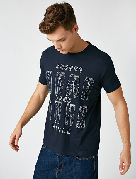 Koton Erkek Pamuk Baskılı Kısa Kollu Bisiklet Yaka Tişört