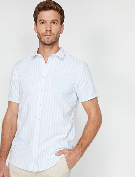 Koton Erkek Çizgili Tek Cepli Casual Kısa Kollu Slim Fit Gömlek