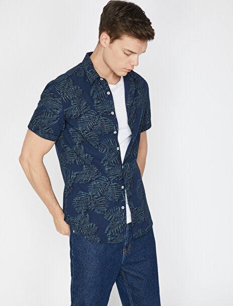 Koton Erkek Yaprak Desenli Pamuklu Kısa Kollu Slim Fit Gömlek