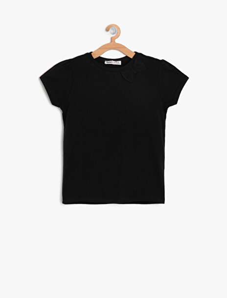 Koton Kız Çocuk Yumuşak Pamuklu Fiyonklu Bisiklet Yaka Kısa Kollu Tişört