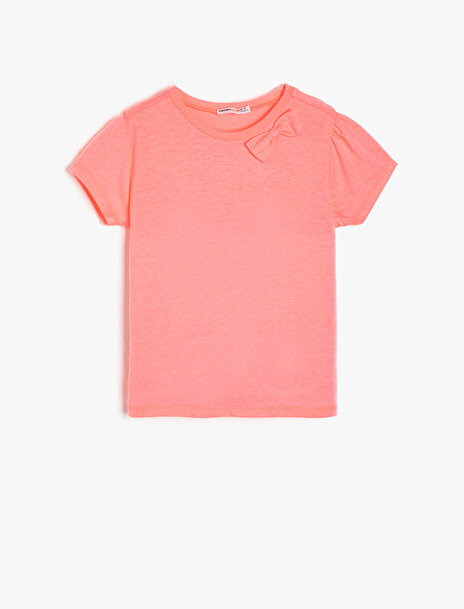Koton Kız Çocuk Yumuşak Pamuklu Fiyonklu Bisiklet Yaka Kısa Kollu Tişört