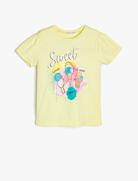 Koton Kız Çocuk Pamuklu Yumuşak Kumaştan Simli Yazılı Baskılı Bisiklet Yaka Kısa Kollu Tshirt