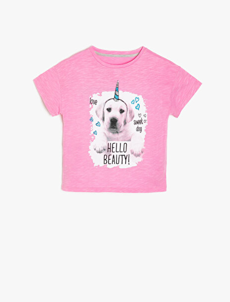 Koton Kız Çocuk Koton Kids Love Simli Baskılı Bisiklet Yaka Kısa Kollu Tişört