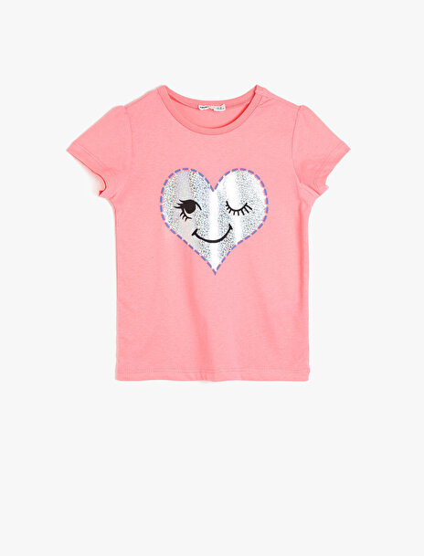 Koton Kız Çocuk Desenli Yumuşak Kumaştan Yazılı Baskılı Bisiklet Yaka Kısa Kollu Tshirt