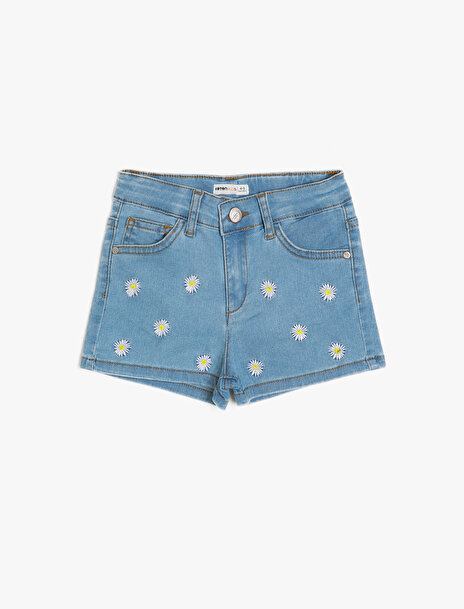 Koton Kız Çocuk Rahat Kesim Çiçek Nakışlı Beli Ayar Lastikli Kısa Jean Şort Koton Kız Çocuk Rahat Kesim Çiçek Nakışlı Beli Ayar Lastikli Kısa Jean Şort