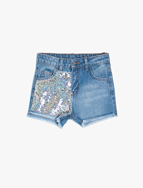 Koton Kız Çocuk Pullu Rahat Kesim Paça Kıvırmalı Kısa Jean Şort