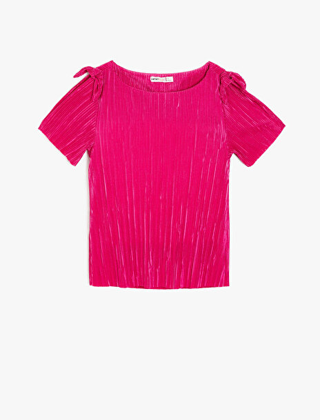 Koton Kız Çocuk Piliseli Dökümlü Kumaştan Omuzda Fiyonklu Bisiklet Yaka Bluz