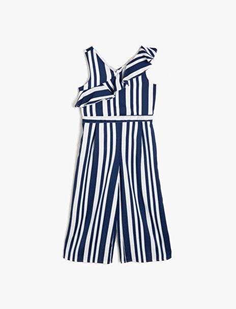 Koton Kız Çocuk Çizgili Dökümlü Kumaştan Askılı Yakası Asimetrik Fırfırlı Pantolon Tulum