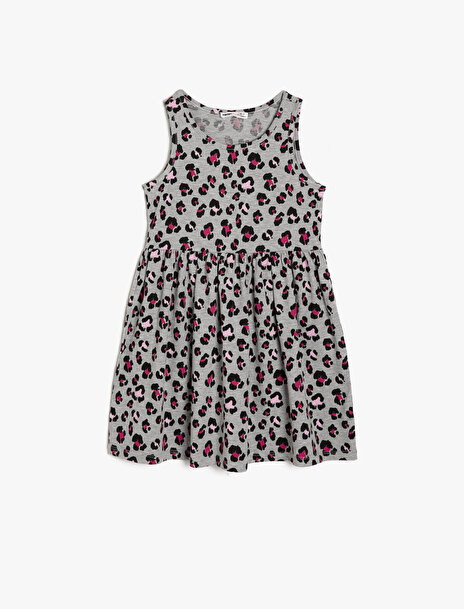 Koton Kız Çocuk Leopar Desenli Kalın Askılı Beli Büzgülü Orta Boy Elbise