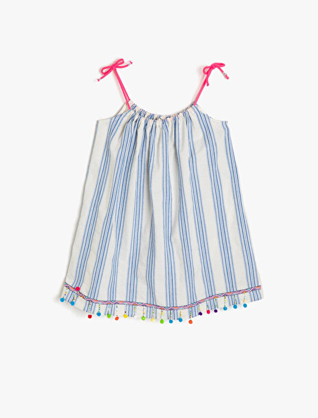 Koton Kız Çocuk Çizgili Dokulu Kumaştan Bol Kesim Ponpon Şeritli Askılı Orta Boy Elbise