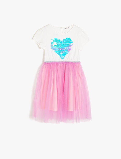 Koton Kız Çocuk Pullu Tütü Etekli Beli Sim Lastikli Kısa Kollu Orta Boy Elbise