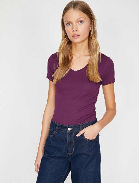 Koton Kadın V Yaka Dar Kesim Basic Tişört