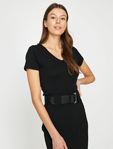 Koton Kadın V Yaka Dar Kesim Basic Tişört